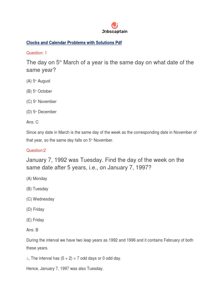 Clocks Calendar Problems Solutions | PDF | Language Arts & Discipline ...