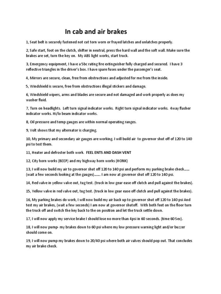 Incab Inspection | PDF | Truck | Equipment