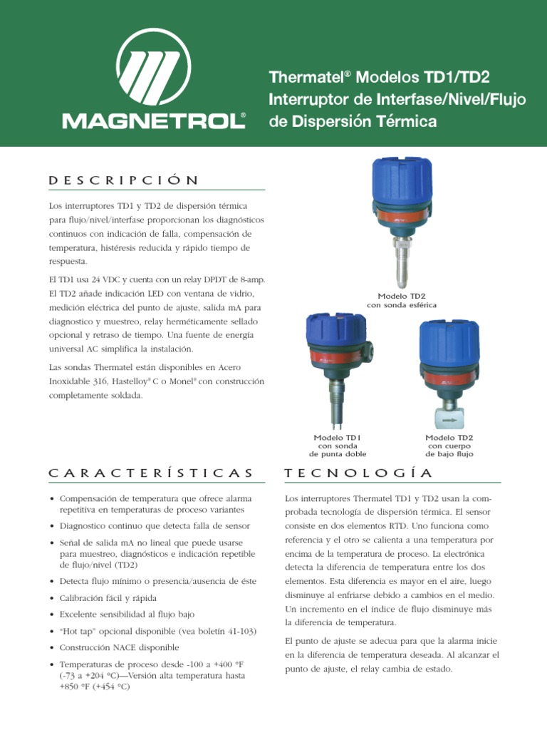 SP54-110 Thermatel® Model TD1 and TD2 Switch | PDF | Líquidos | Agua