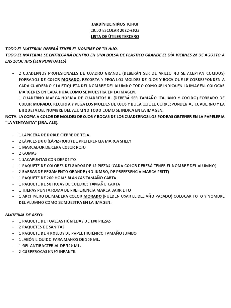 Lista de Utiles 2022-2023 3a | PDF