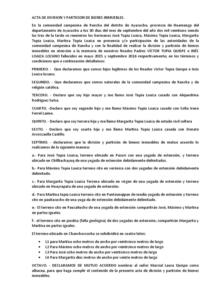 ACTA DE DIVISION Y PARTICION DE BIENES INMUEBLES00 (2) Tupia | PDF