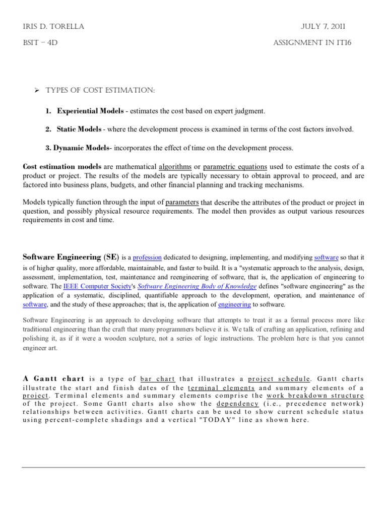 Software Cost Estimation Models and Gantt Charts | PDF
