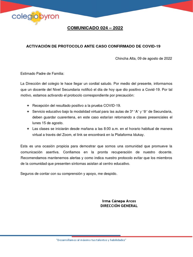 Comunicado 24 DG Activación de Protocolo Ante Caso Confirmado de Covid-19 | PDF | Negocios
