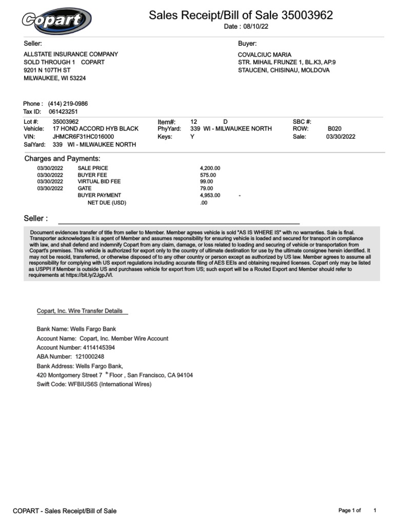 Invoice To Copart | Download Free PDF | Receipt | Business
