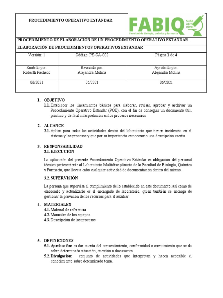 PE-CA-002 Elaboración de procedimientos operativos estándar | PDF