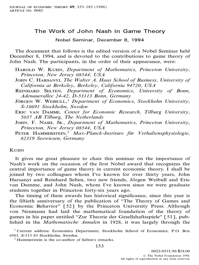 The Work of John Nash in Game Theory - Nobel Seminar 1994 | PDF | Game Theory | Fitness (Biology)