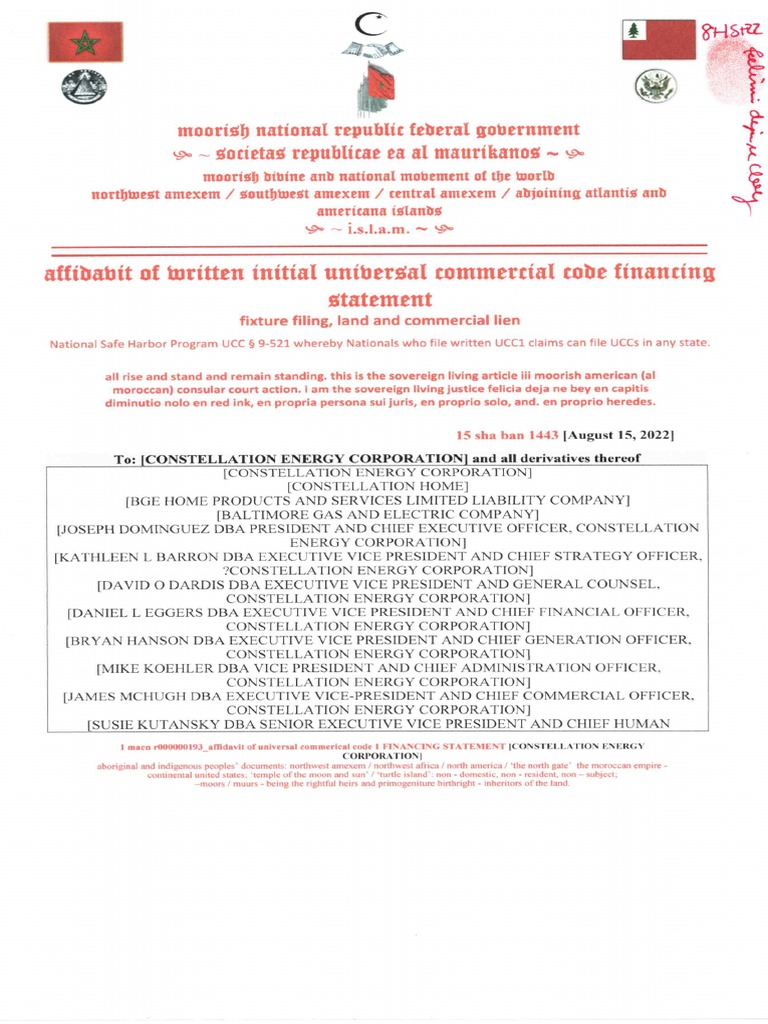 Affidavit of Written Initial Universal Commercial Code Financing ...