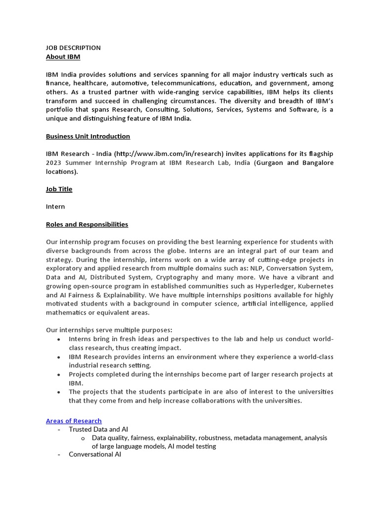 Job Description Ibm Irl Internship Jd Pdf Artificial Intelligence Intelligence Ai 