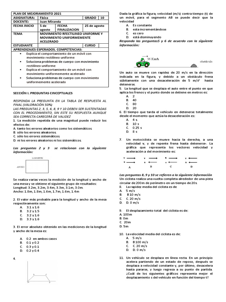Plan de Mejoramiento FISICA 10 Grado 2022 1 y 2 Periodo | Descargar gratis PDF | Aceleración ...