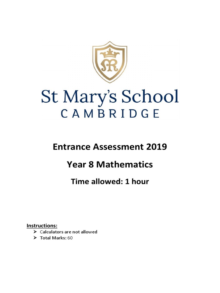 Year 8 Mathematics Entrance Assessment | PDF | Triangle | Area