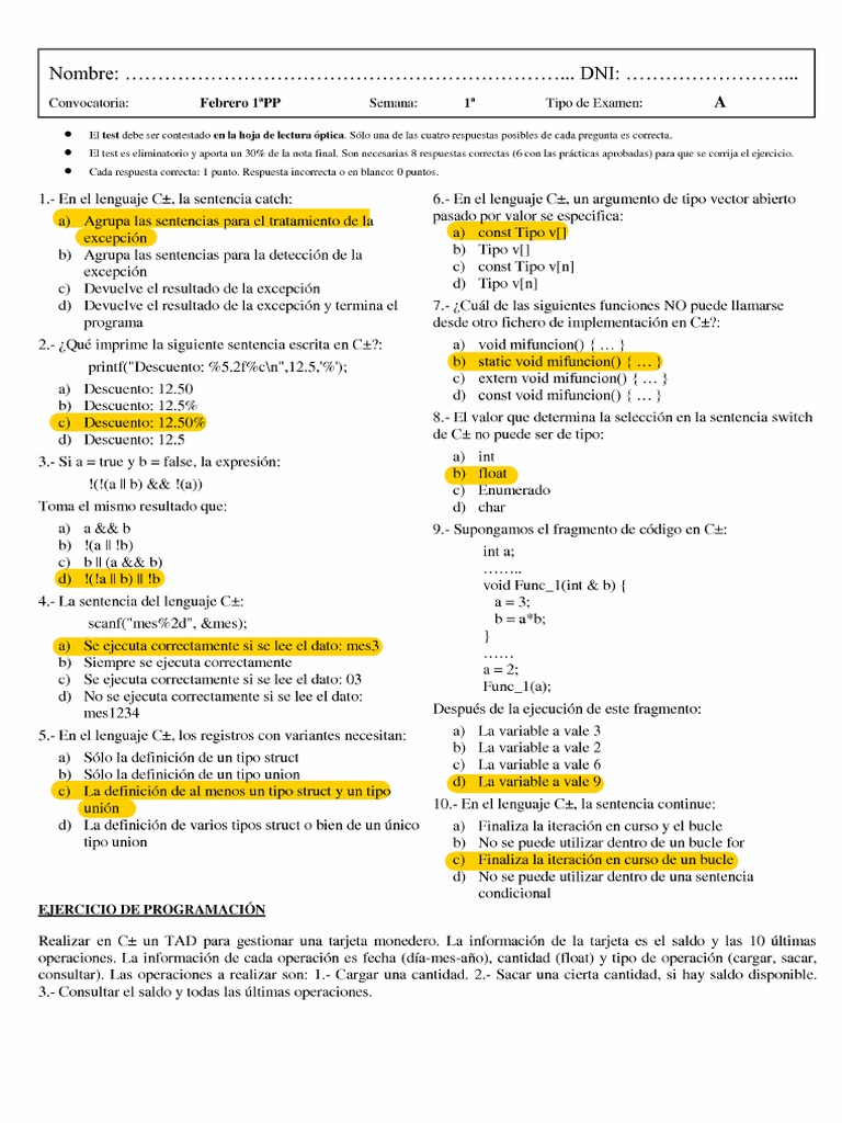 Zip FP Preguntas Test | PDF | C ++ | Estructura de datos de matriz