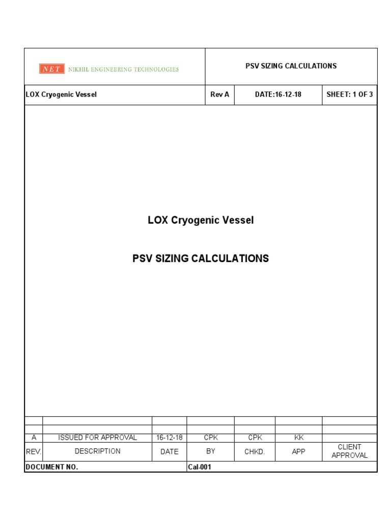 PSV Sizing Calculations for LOX Cryogenic Vessel | PDF | Liquids | Gases PSV Sizing Calculations for LOX Cryogenic Vessel | PDF | Liquids | Gases
