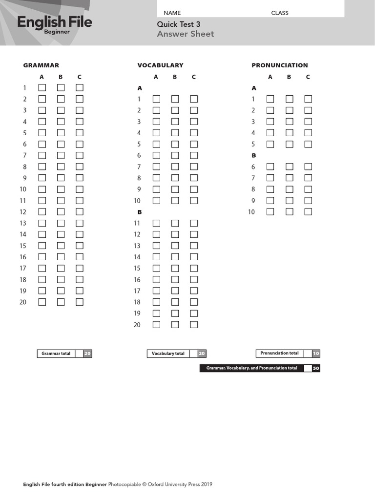 EF4e Beg Quick Test 3 Answersheet | PDF | Cognition | Linguistics
