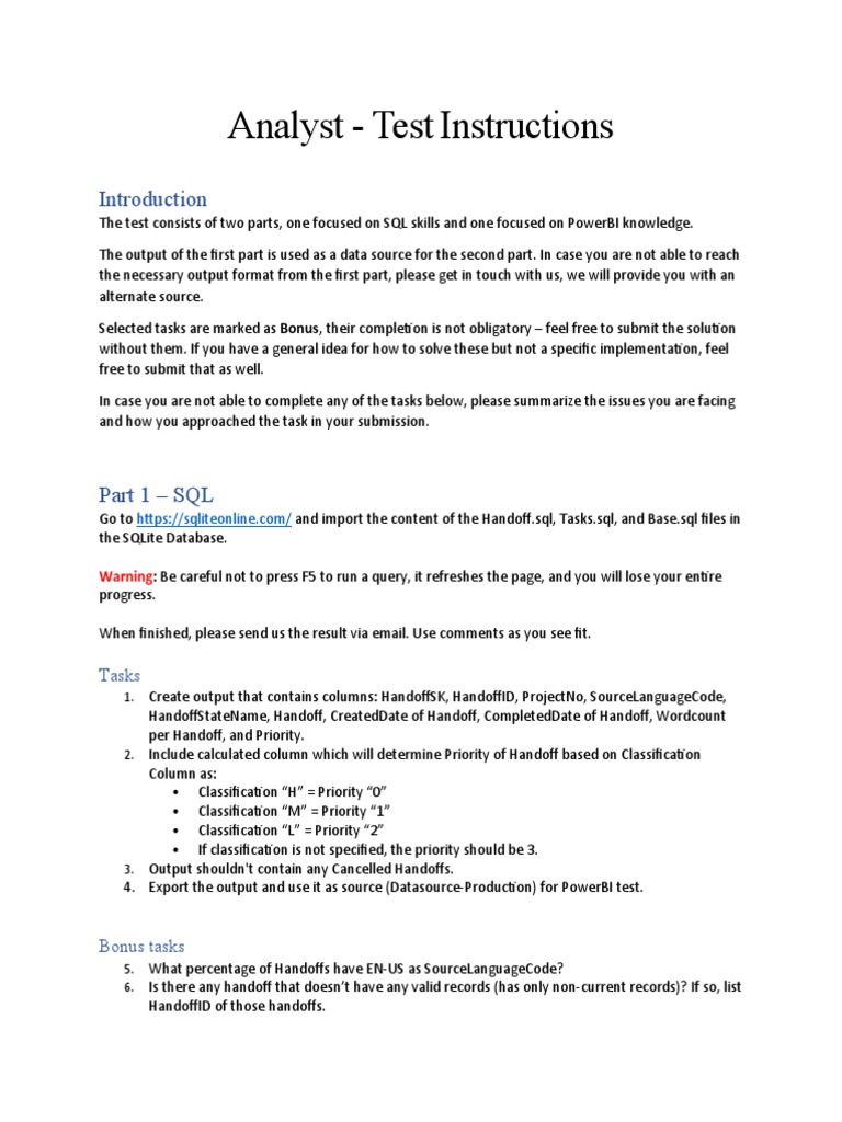 Analyst Test Instructions | PDF | Sql | Databases