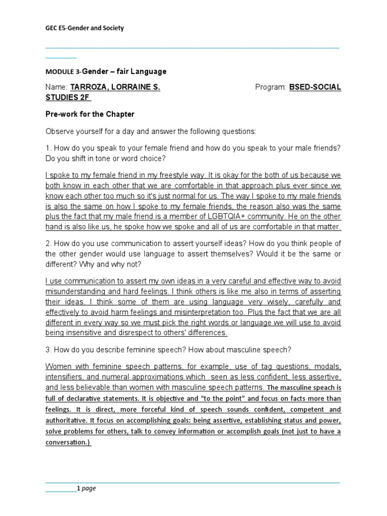 Module 3-Answer Activities Gender and Society | PDF | Gender Role ...