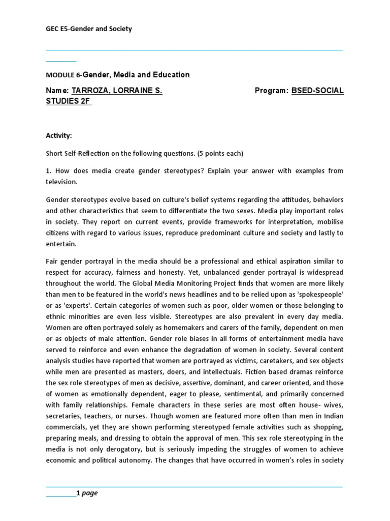 Module 6-Answer Activities Gender and Society | PDF | Gender Role ...