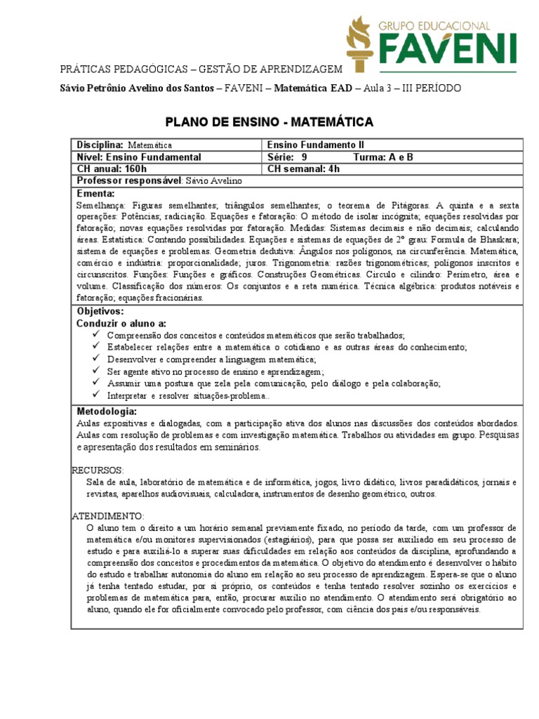 Plano De Aula Matemática Sávio Pdf Equações Geometria