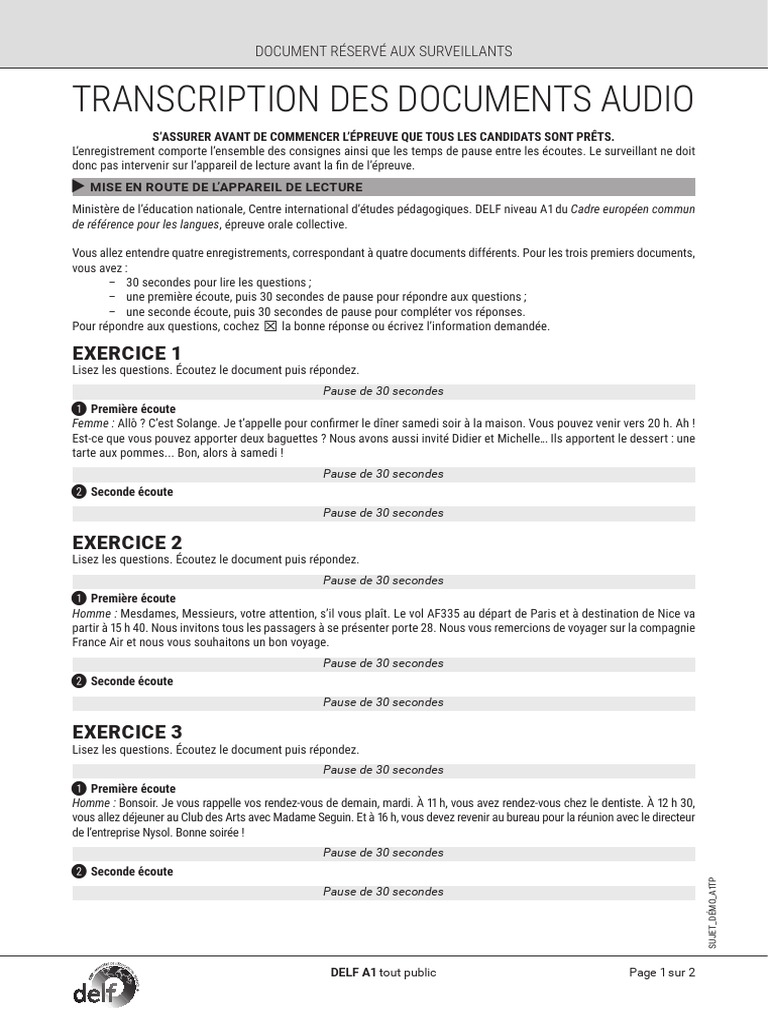 Delf Dalf A1 TP Surveillant Sujet Demo | PDF