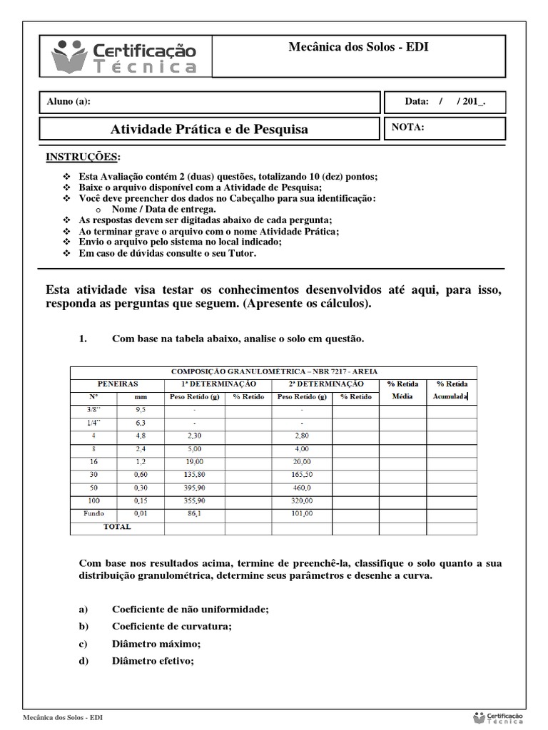 Atividade Prática - Mecânica Dos Solos AP2 | PDF | Mecânica dos solos | Solo