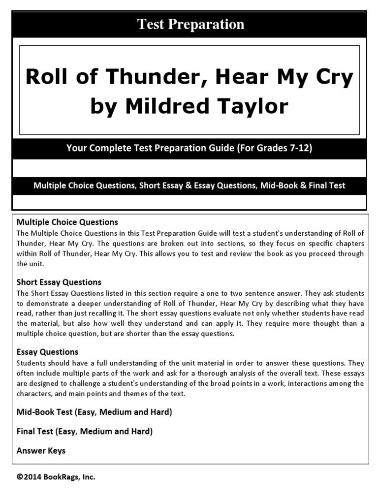 Roll of Thunder, Hear My Cry by Mildred Taylor: Test Preparation | PDF ...