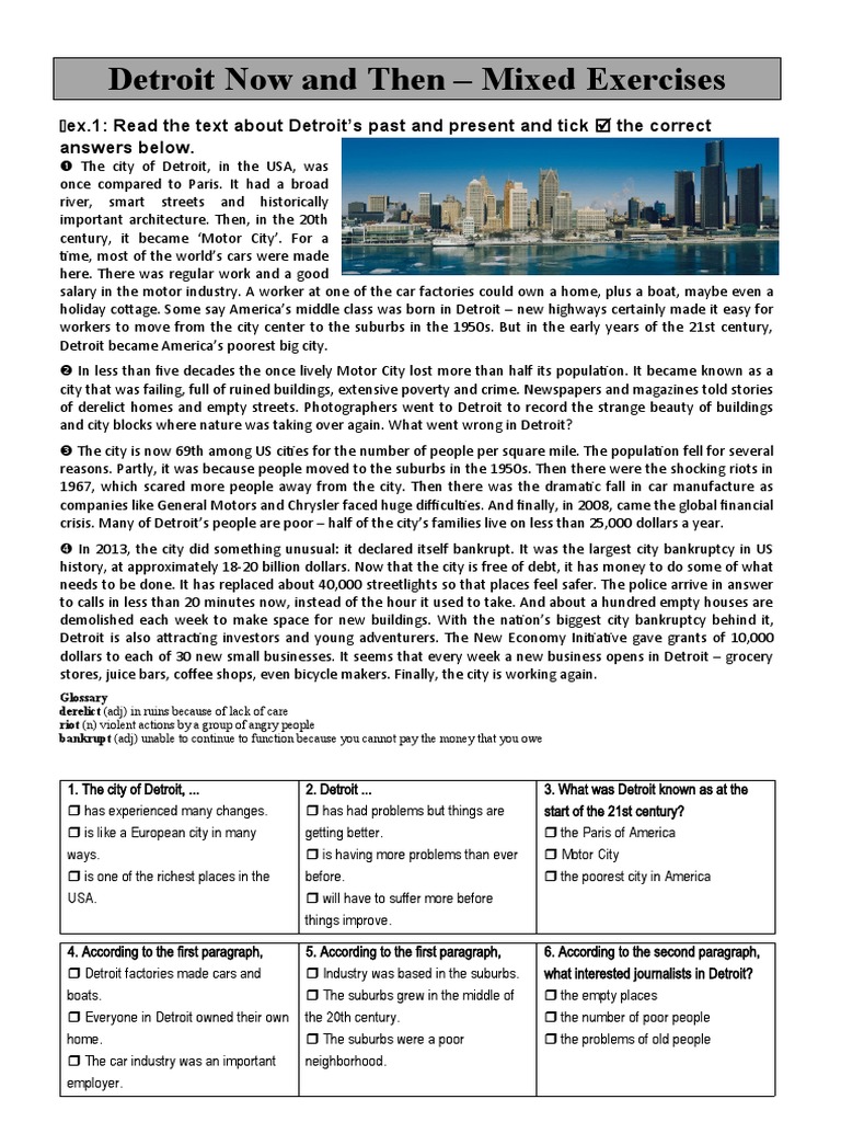 Detroit Now and Then Reading and Mixed Exercises Grammar Drills Reading ...
