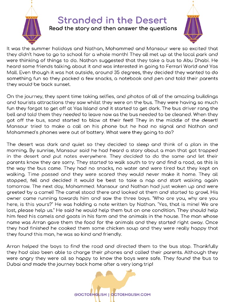 Reading Comprehension Stranded in The Desert Worksheet | PDF