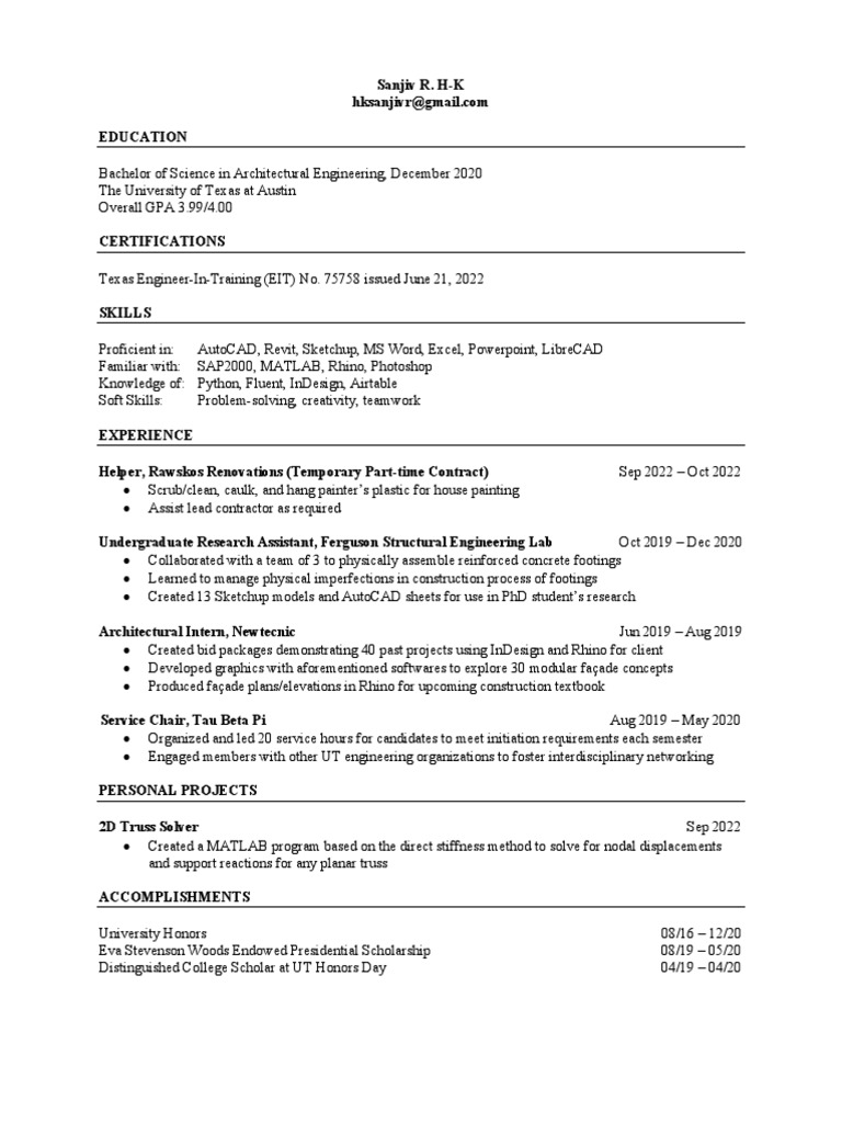 UT Austin Engineering Resume Sample | PDF