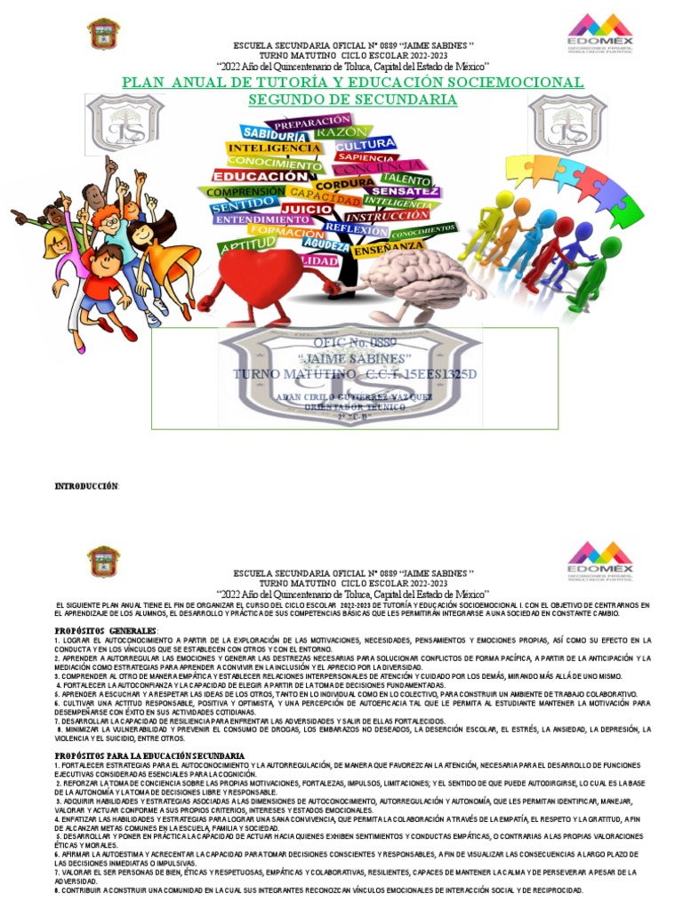 Plan Anual de Tutoría y Educación Sociemocional Segundo de Secundaria (Autoguardado) | Descargar ...