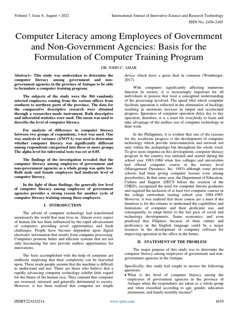 Computer Literacy Among Employees of Government and Non-Government Agencies Basis For The ...