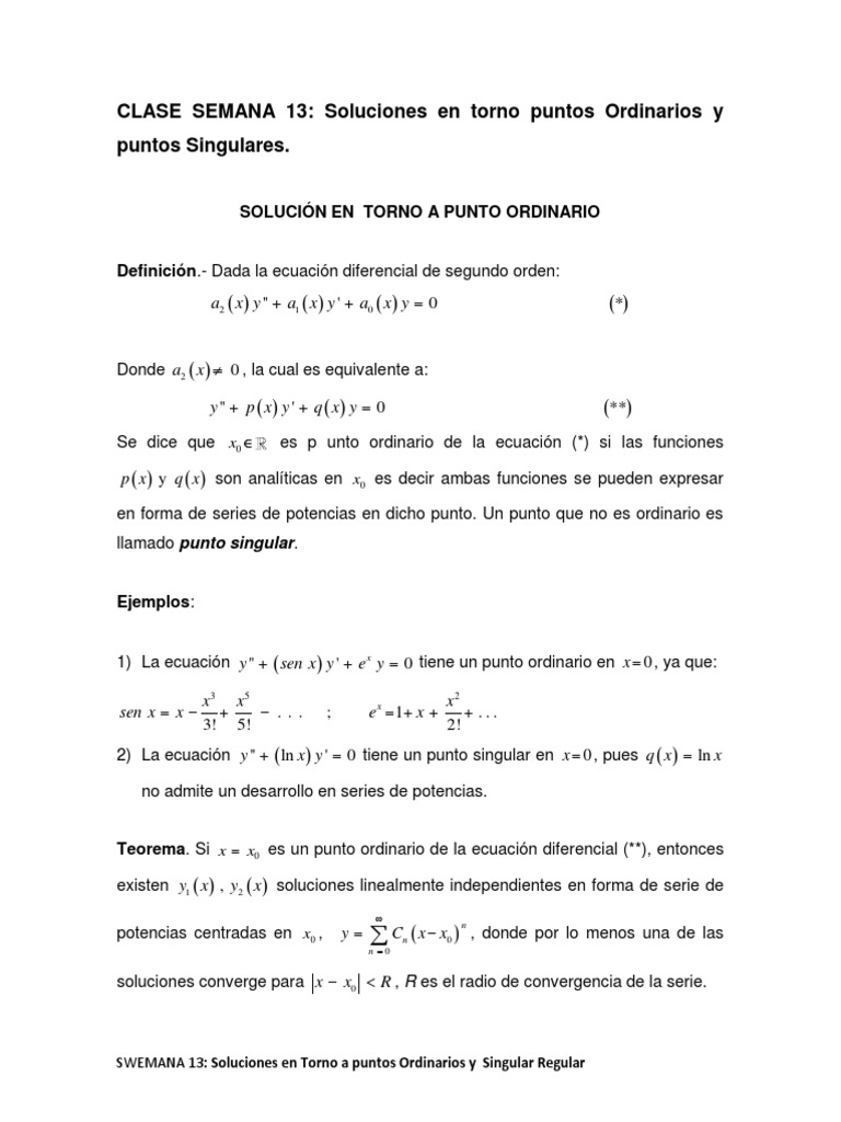 Semana 13.-Soluciones en Torno A Puntos Ordinarios y Singular Regular | PDF | Ecuaciones ...