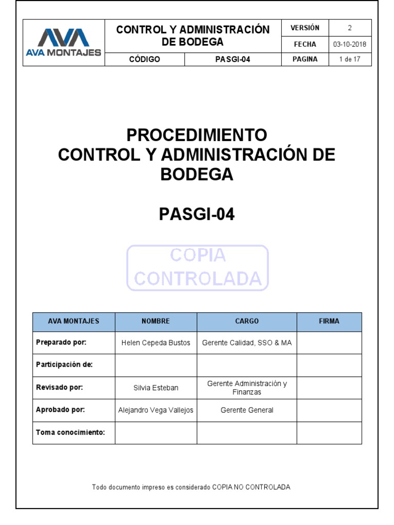 PASGI-04 PROCEDIMIENTO CONTROL Y ADMINISTRACIÓN DE BODEGA Rev 4 | PDF | Calidad (comercial ...