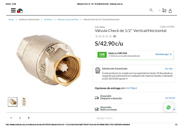 Válvula Check de 1 - 2'' Vertical - Horizontal - Sodimac - Com.pe | PDF