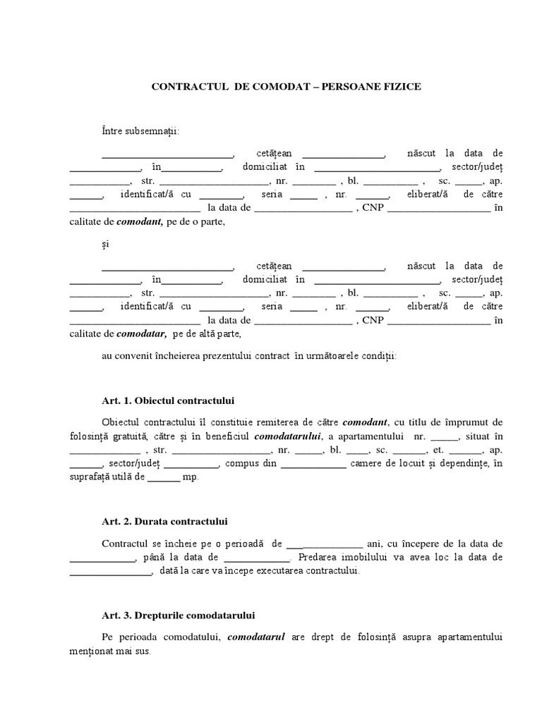 Contract Comodat Persoane Fizice | PDF
