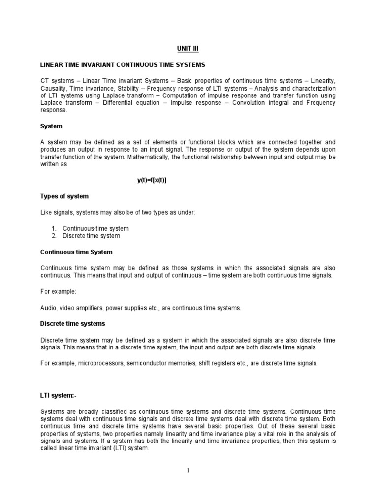 Characterization of Linear Time Invariant Continuous Time Systems | PDF | Laplace Transform ...