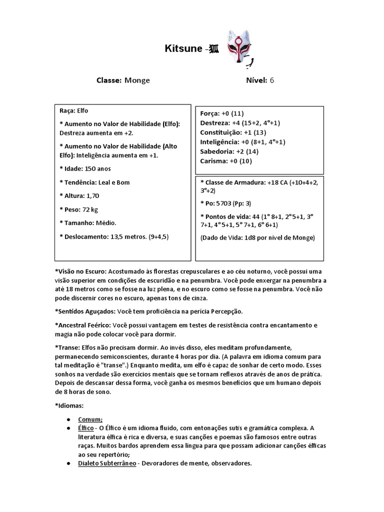 Ficha RPG Kitsune | PDF | Projéteis | Elfos