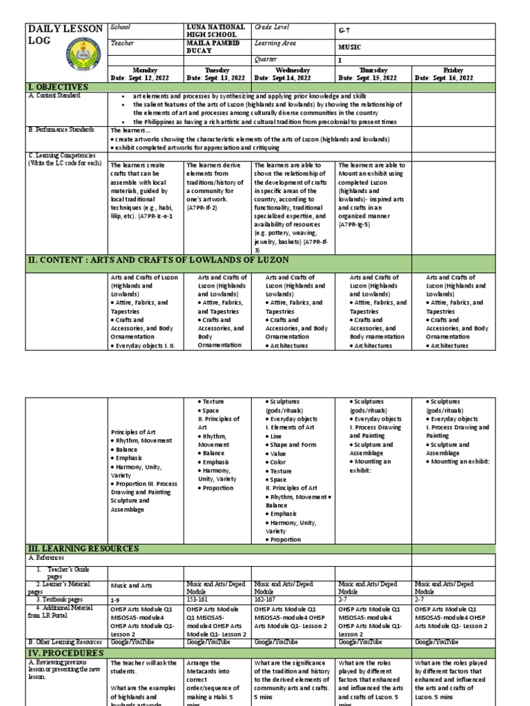Q1-W4 DAILY-LESSON-LOG-TEMPLATE Arts | PDF | Teachers | Arts And Crafts ...