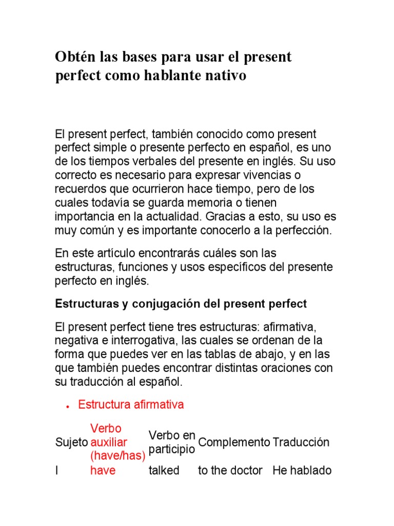 Estructura y uso del presente perfecto | PDF | Verbo | Tipología ...