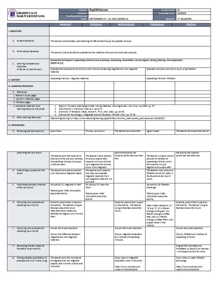 DepEdClub VI Science Weekly Lesson on Separating Mixtures | PDF | Teachers | Filtration