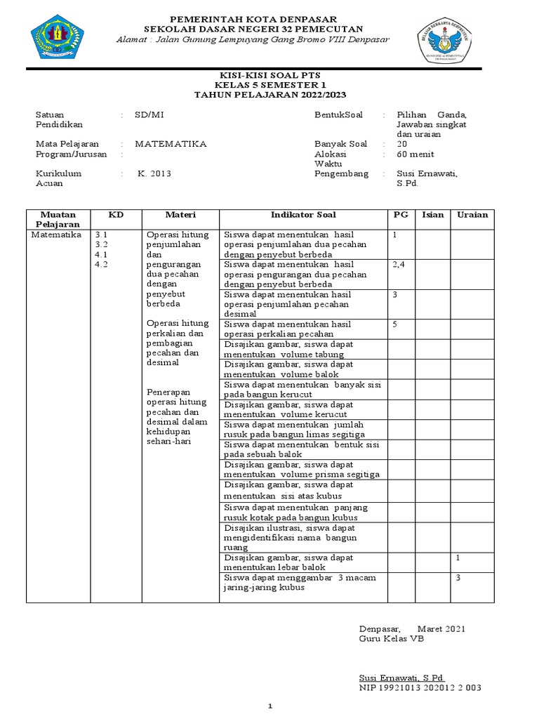 Kisi Kisi PTS KLS 5 Mat | PDF | Metode & Bahan Ajar