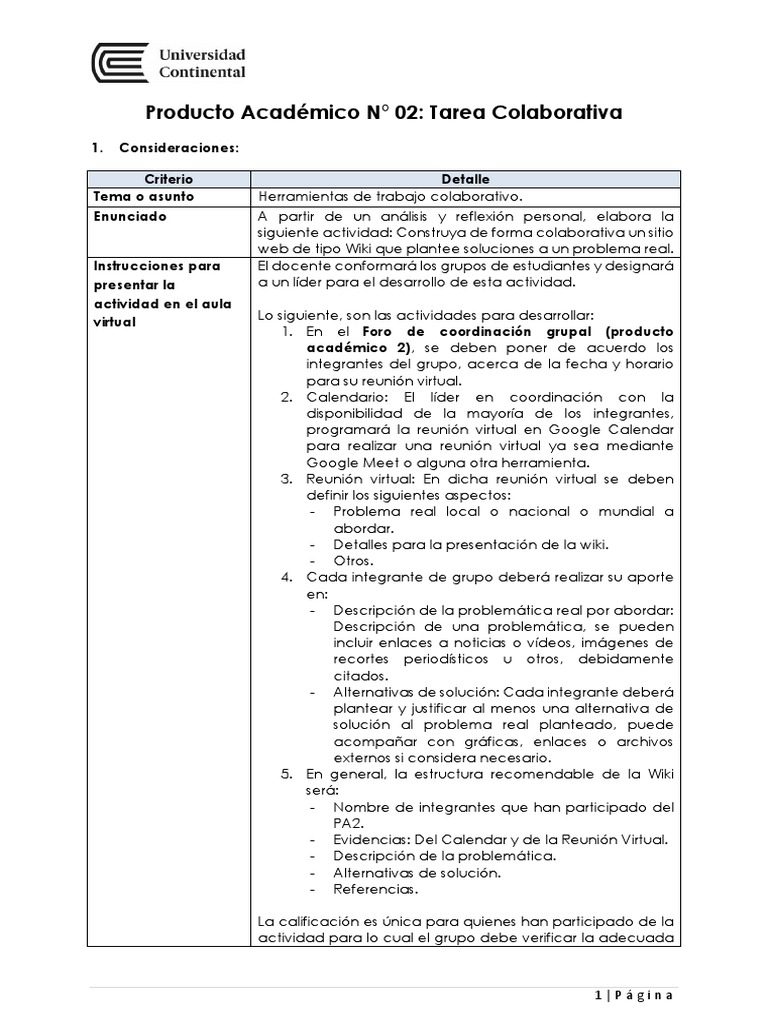 Producto Académico #02: Tarea Colaborativa: 1. Consideraciones: Criterio Detalle Tema o Asunto ...