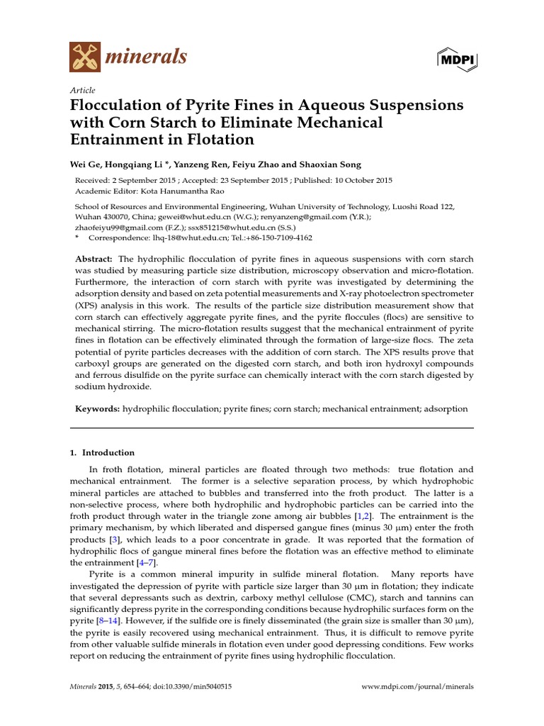 Flocculation of Pyrite Fines in Aqueous Suspensions With Corn Starch To ...