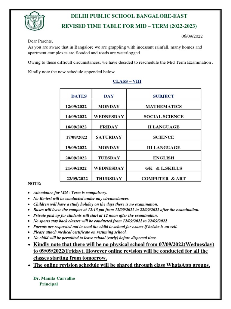 Delhi Public School Bangalore-East Revised Time Table For Mid - Term (2022-2023) | PDF