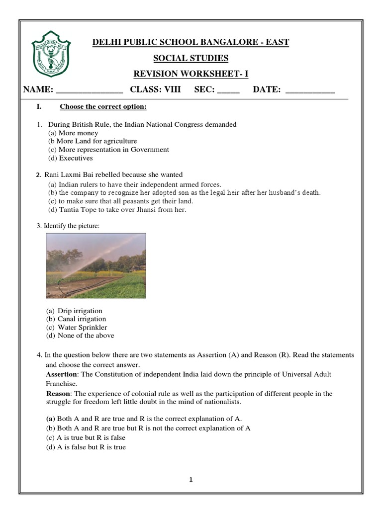 Delhi Public School Bangalore - East Social Studies Revision Worksheet ...