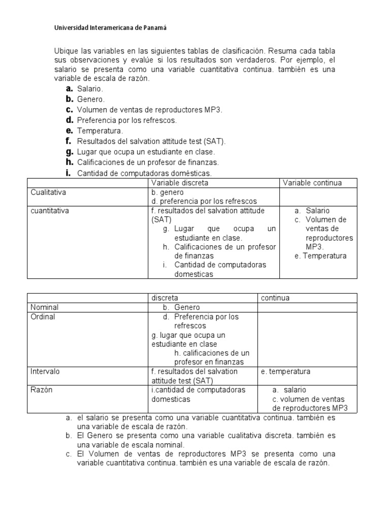 Clasificación de Variables. Tarea 1 | PDF | Estadísticas