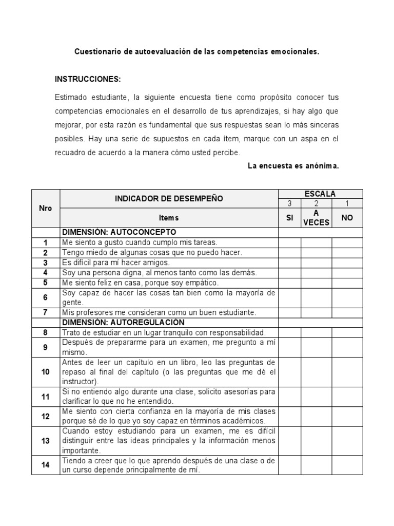 Cuestionario de Autoevaluación de Las Competencias Emocional | PDF | Aprendizaje | Cuestionario