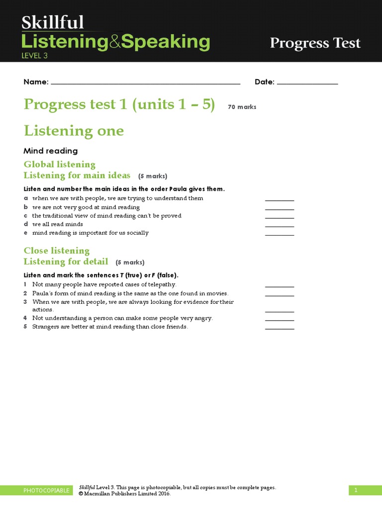 Skillful LS3 Progress Test 1 | PDF | Telepathy | Mind