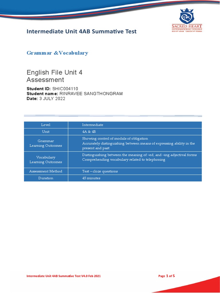 SHIC EF - Int - 4AB - Grammar&VocabularyAssessment - V4.0 | PDF