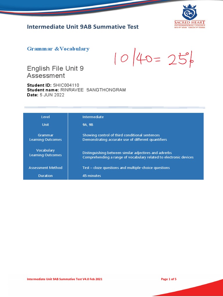 SHIC EF - Int - 9AB - Grammar&VocabularyAssessment - RINRAVEE | PDF | Linguistics