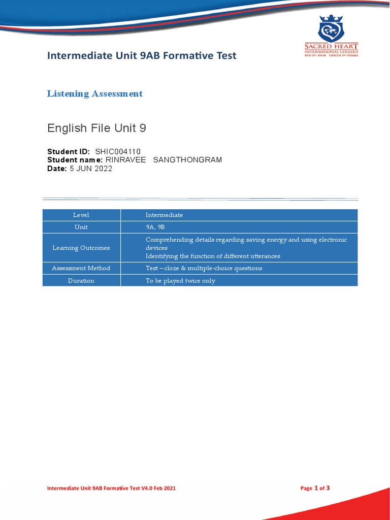 SHIC EF - Int - 9AB - ListeningAssessment - V4.0 | PDF