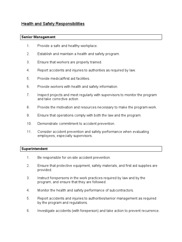 Sample Responsibilities 1 | PDF | Occupational Safety And Health | Safety